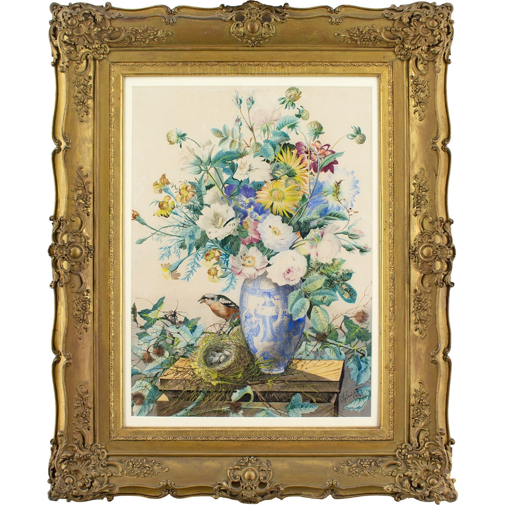 Charles Gaudelet, Still Life With A Bouquet, Vase, Goldfinch & Bird’s