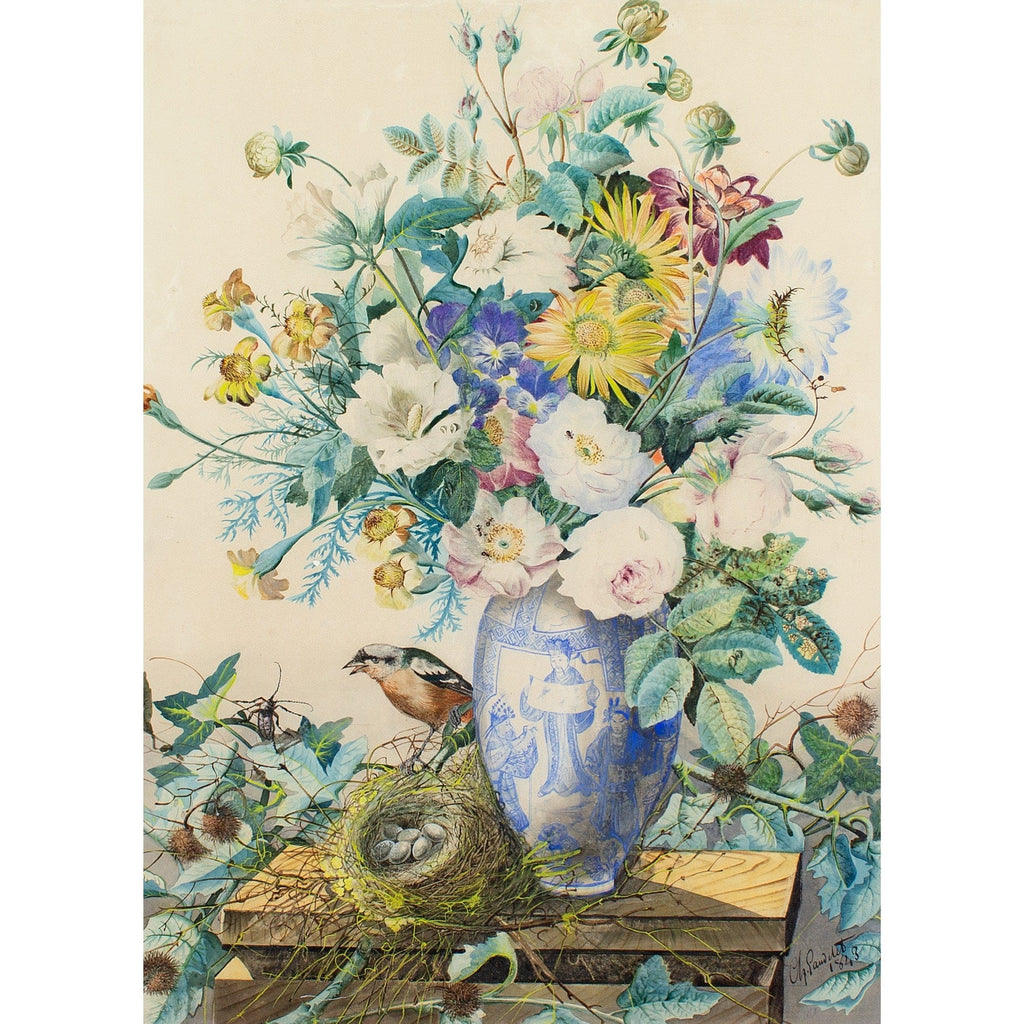 Charles Gaudelet, Still Life With A Bouquet, Vase, Goldfinch & Bird’s