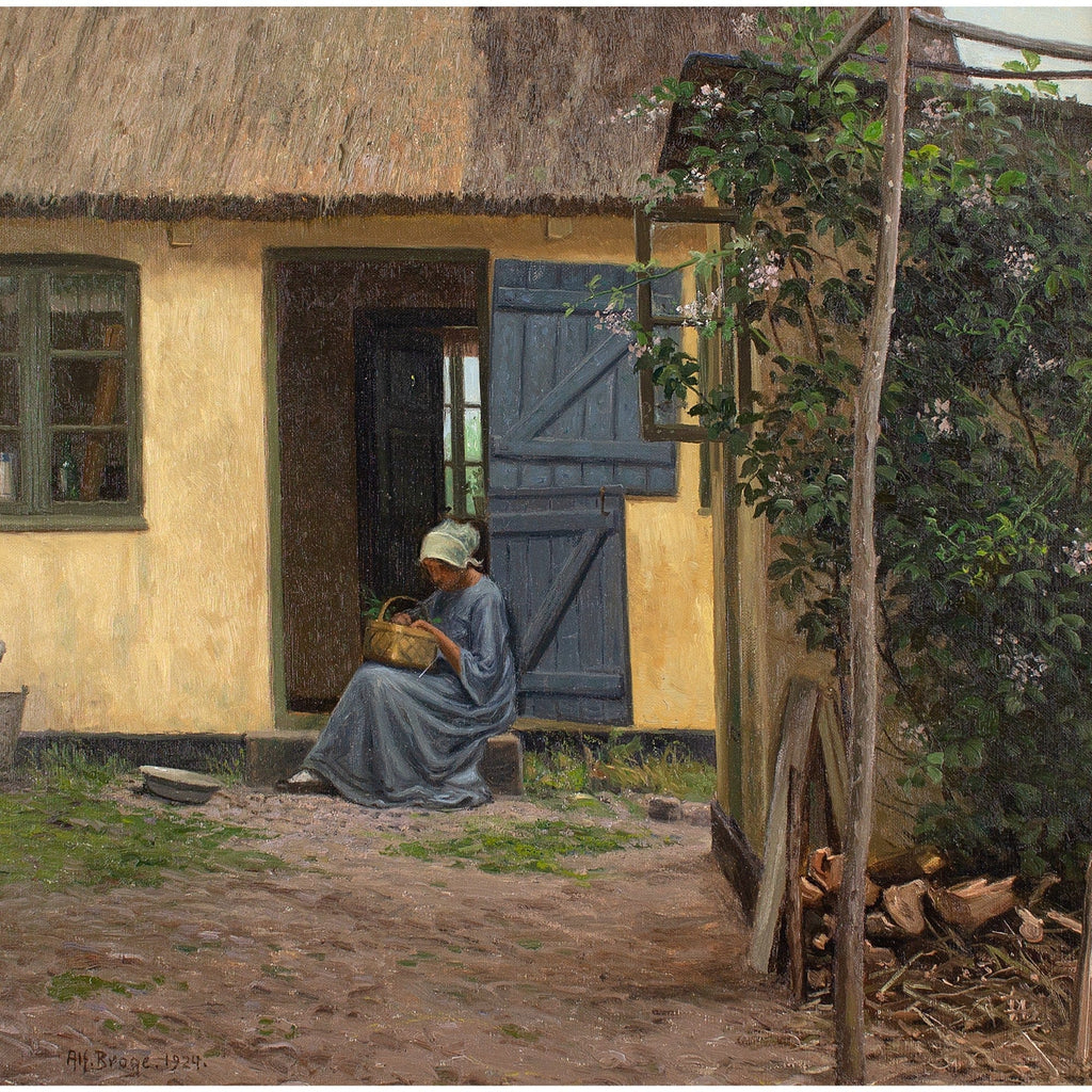 Alfred Broge, Courtyard With Thatched Cottage & Seated Woman