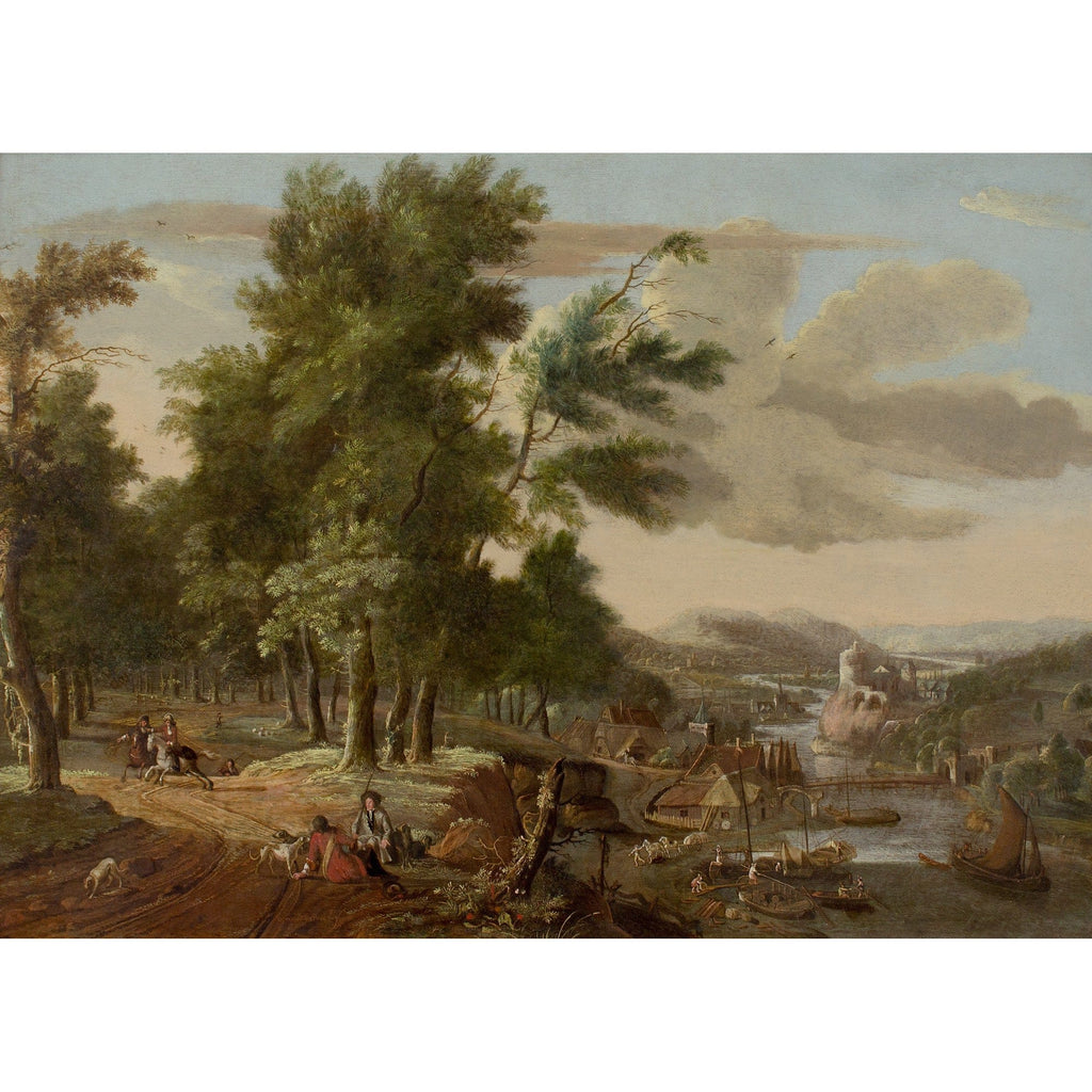 Jacob Van Der Does II, Wooded River Landscape With Hunting Party & Vil