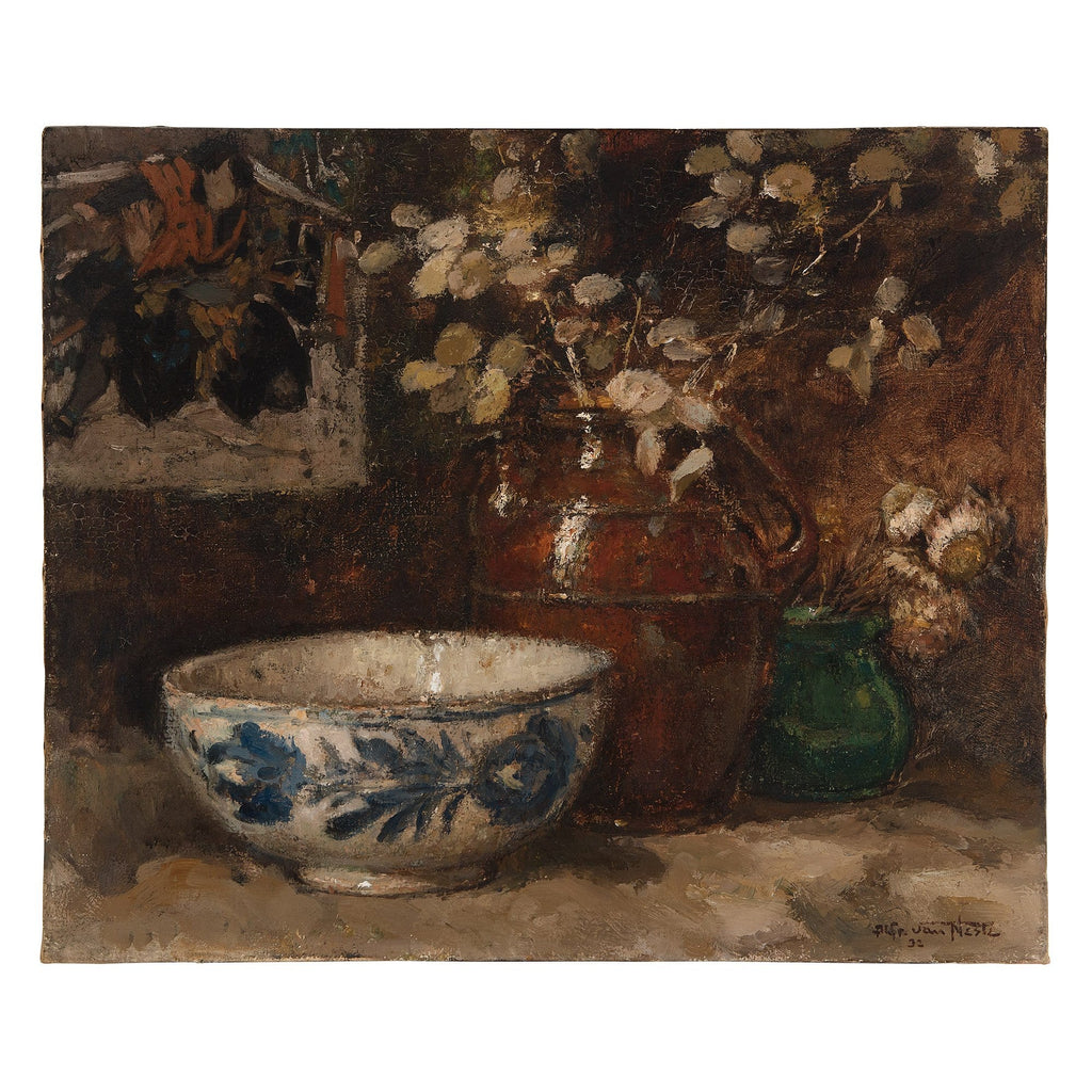 Alfred Van Neste, Still Life With Vase & Bowl – Brave Fine Art